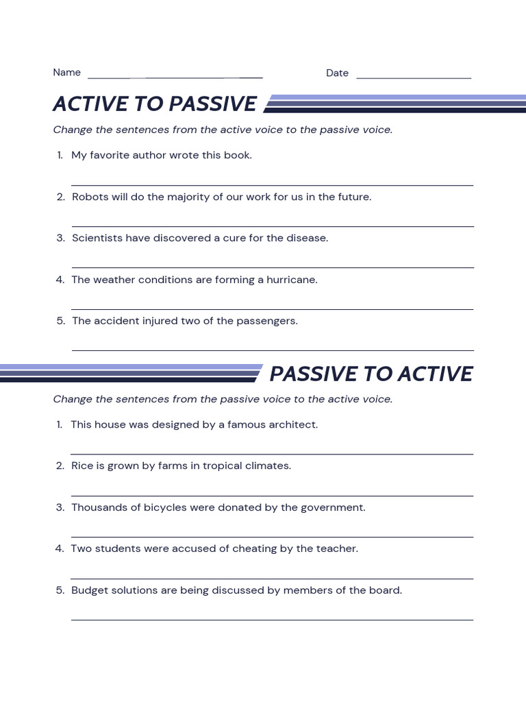 Active to Passive Voice Worksheet in Modern Blue Striped Style | PDF