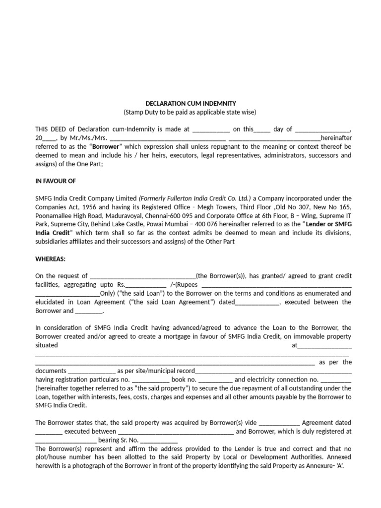 Declaration Cum Indemnity For FARD-no Plot | PDF | Indemnity | Law