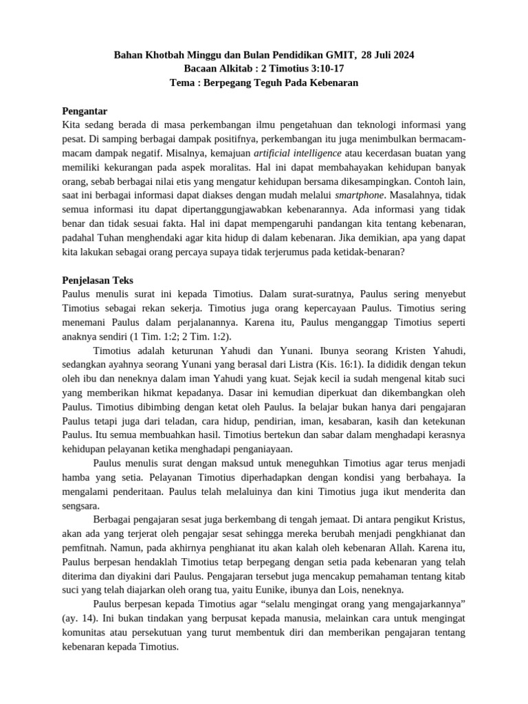 Renungan Pendidikan 2 Timotius 3 Ayat 10-17 | PDF