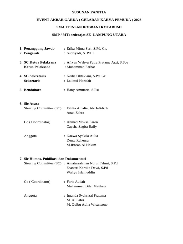 Susunan Panitia Garda 2023 | PDF