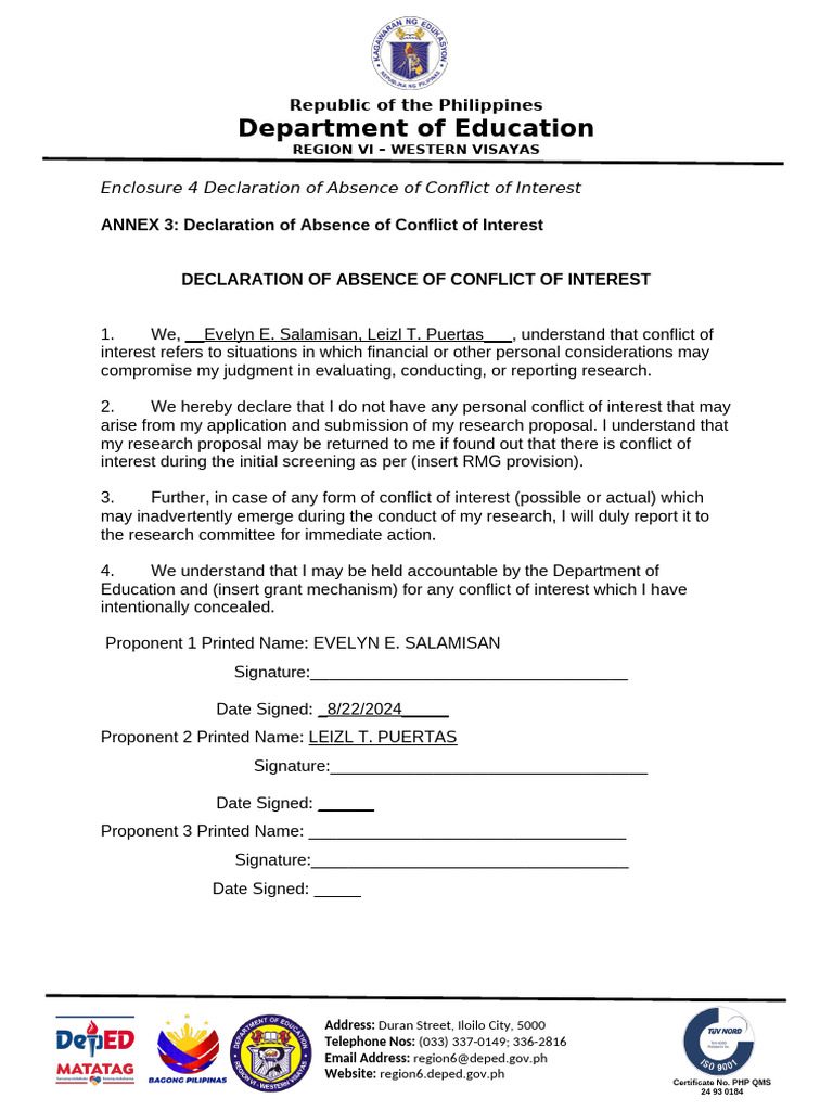 Declaration of Absence of Conflict of Interest | PDF