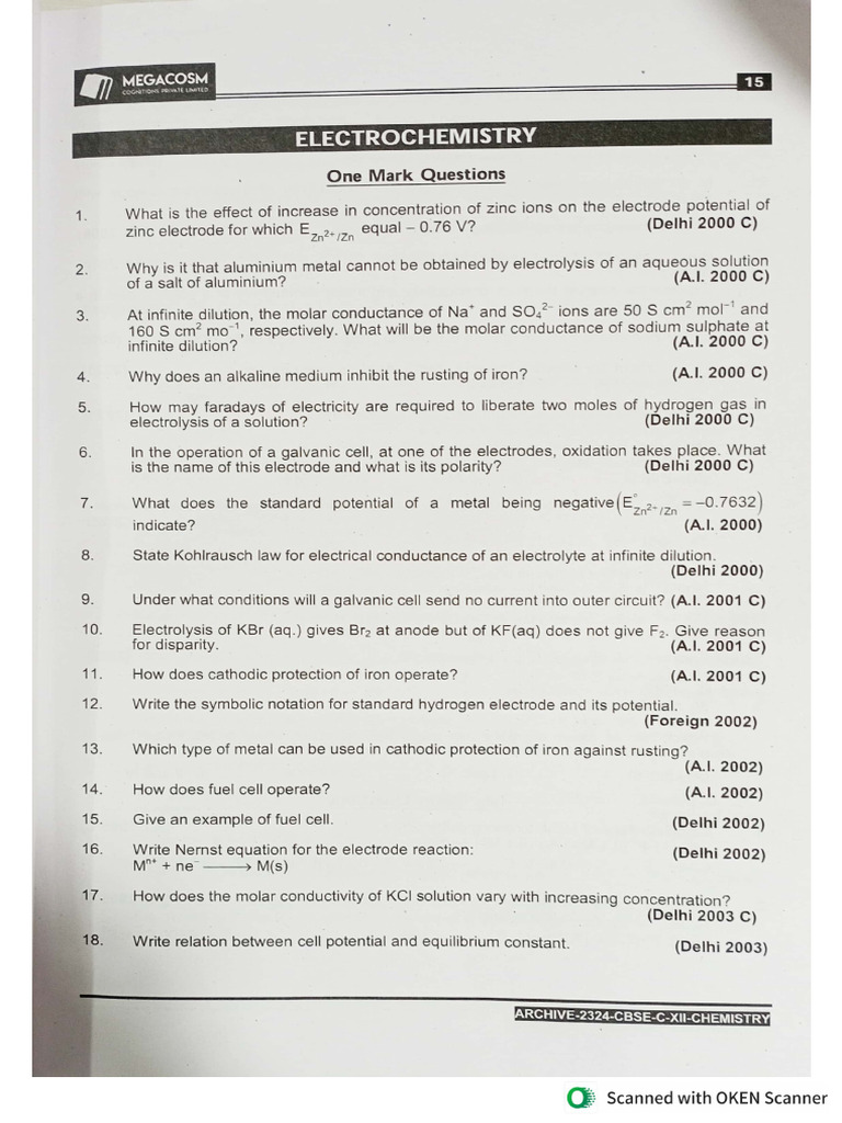 Electrochemistry Previous Year Question Bank | PDF