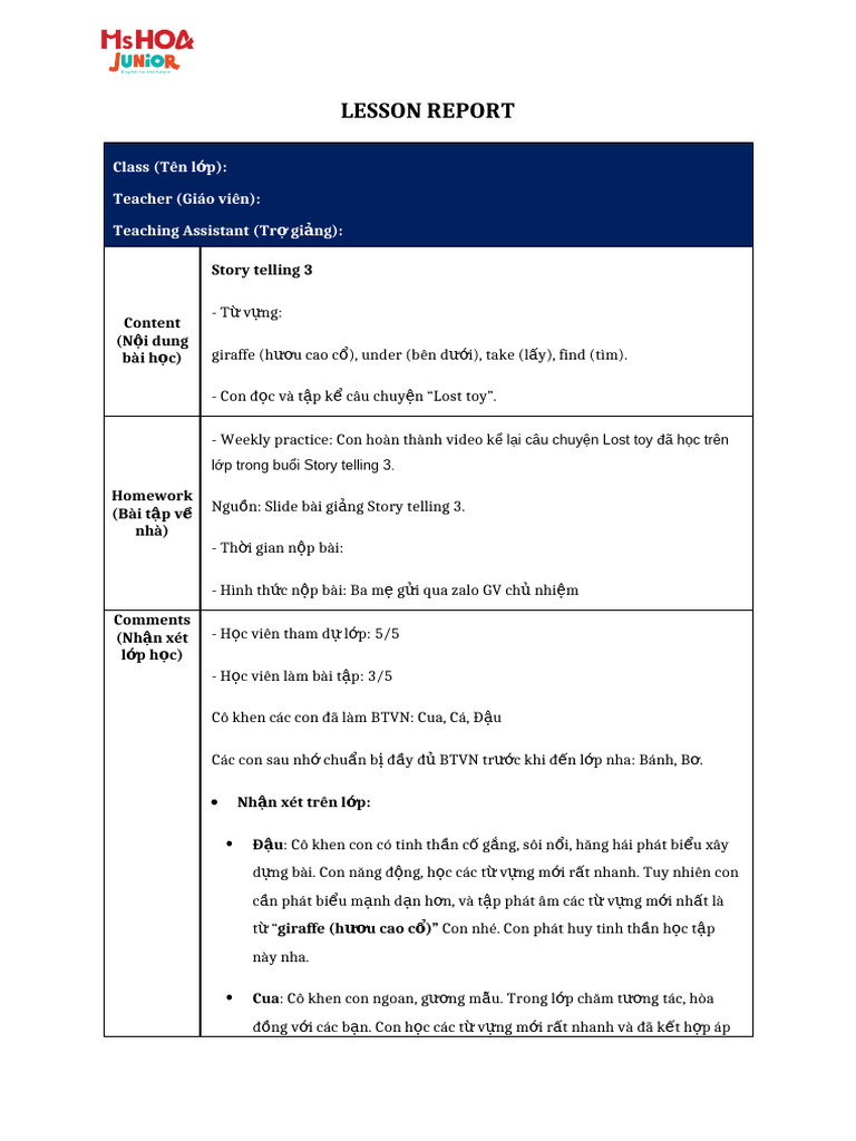 Lesson Report - Story Telling 3 - Kiddie | PDF