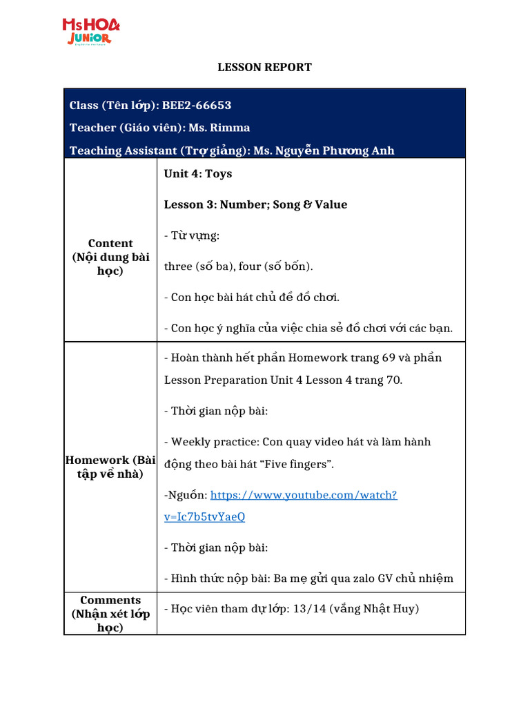 Lesson Report - U4 - L3 - Kiddie | PDF
