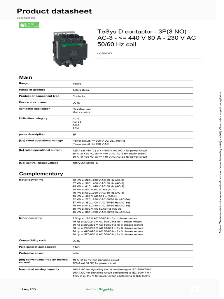 Schneider Electric - TeSys-Deca-contactors - LC1D80P7 | PDF
