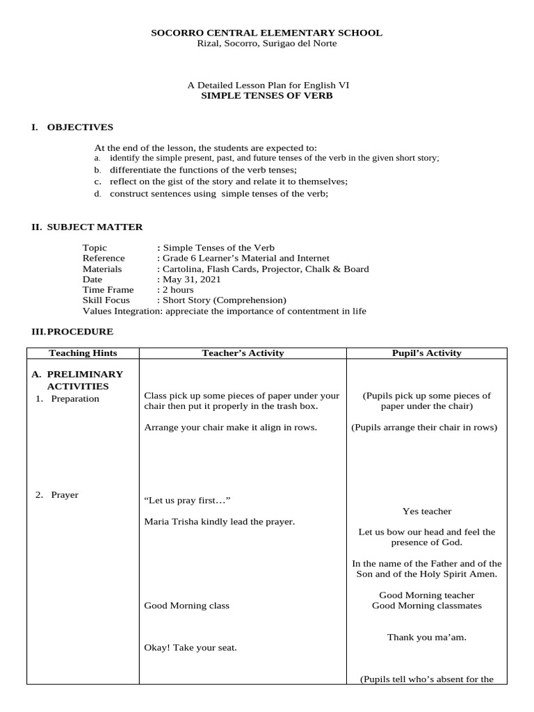 A Detailed Lesson Plan For English Grade 6 | PDF
