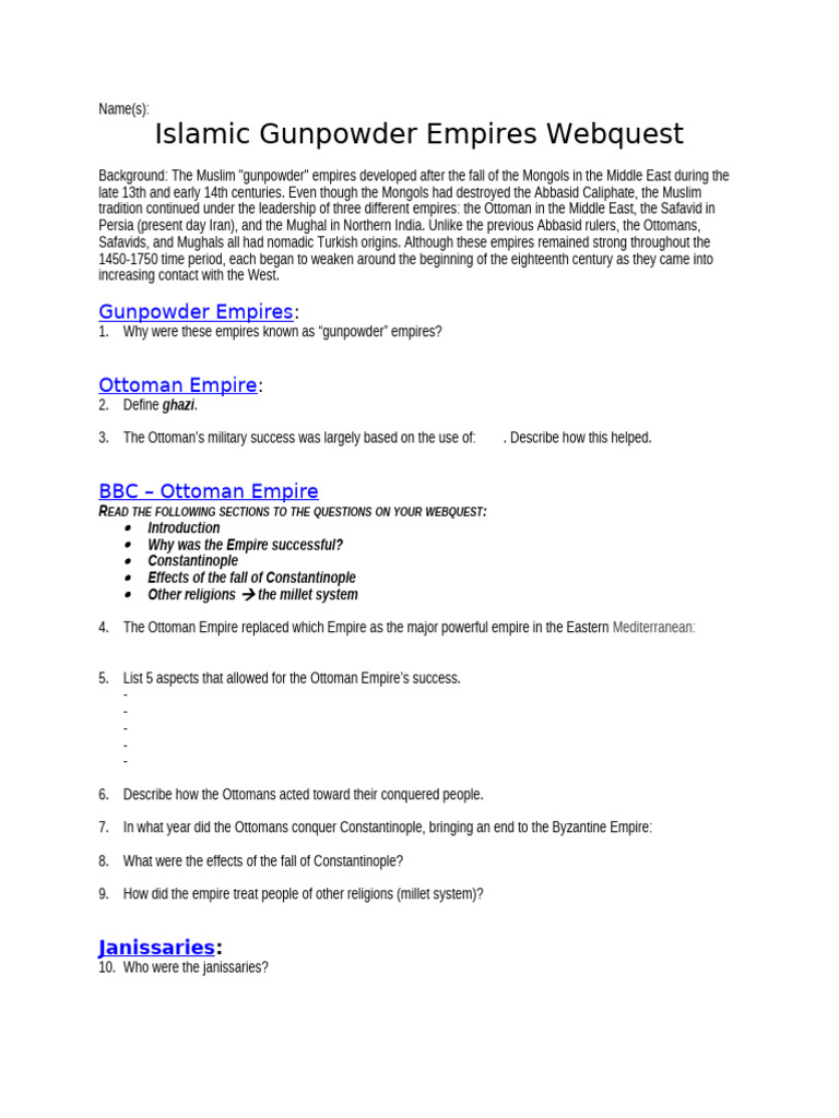 Muslim Gunpowder Empires Webquest | PDF