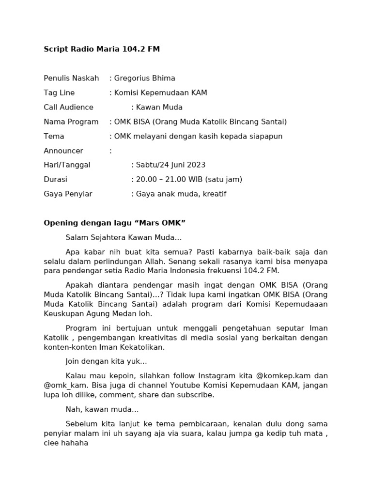 Script Narasumber Radio Maria Indonesia | PDF | Agama & Spiritualitas