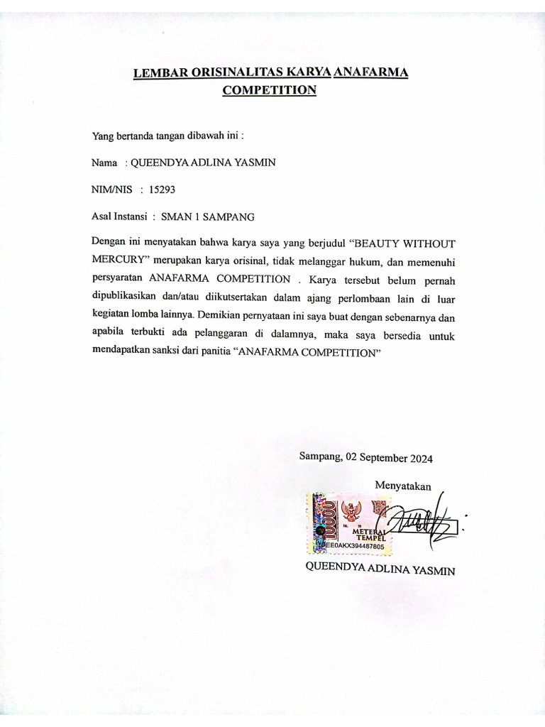 Lembar Orisinalitas - Queendy Adlina Yasmin - Sman 1 Sampang | PDF