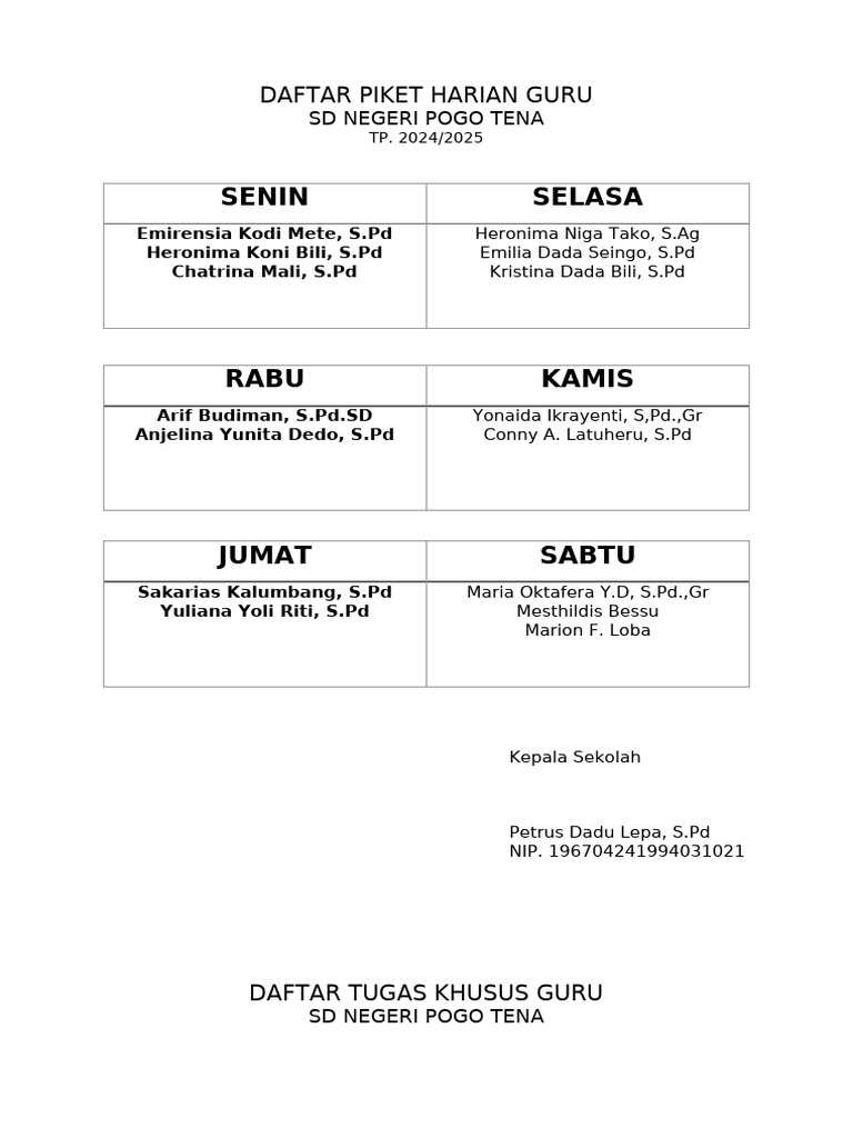 DAFTAR PIKET HARIAN GURU 24-25 | PDF