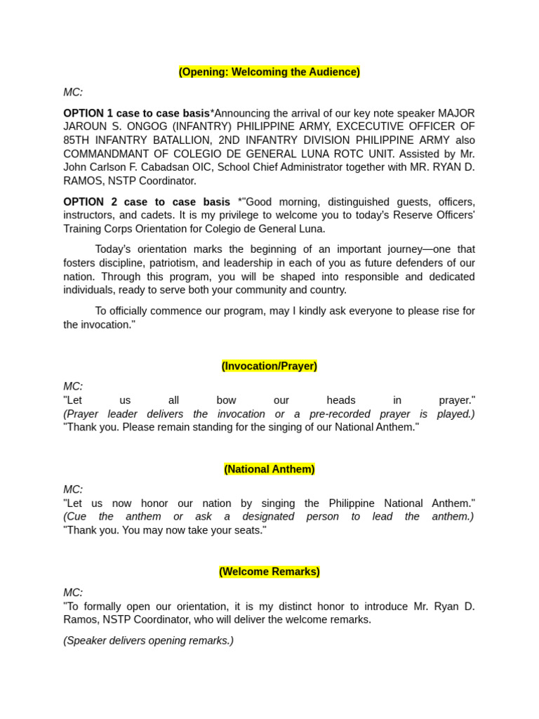 MC Script For ROTC Orientation | PDF