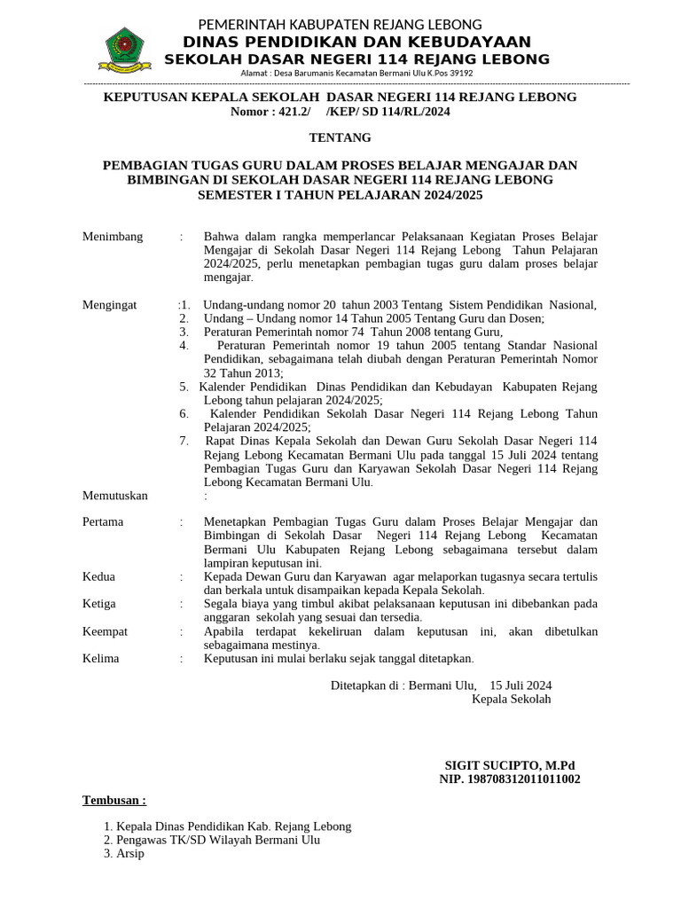 SK Pembagian Tugas 2024-2025 Smt I | PDF