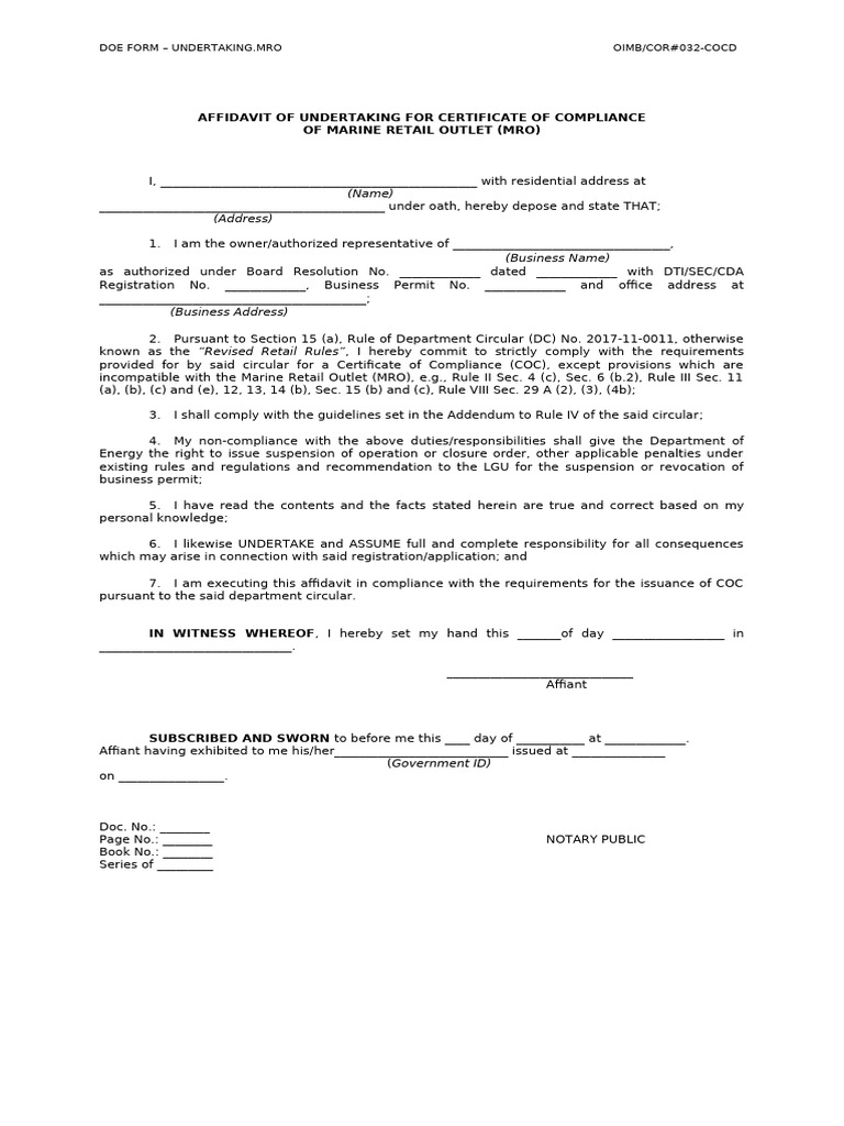 Oimb Citizens Charter 24 04 Mro Undertaking Form | PDF