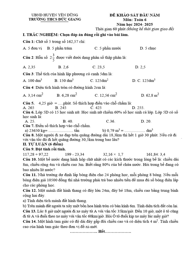 De Khao Sat Toan 6 Dau Nam 2024 2025 Truong Thcs Duc Giang Bac Giang | PDF