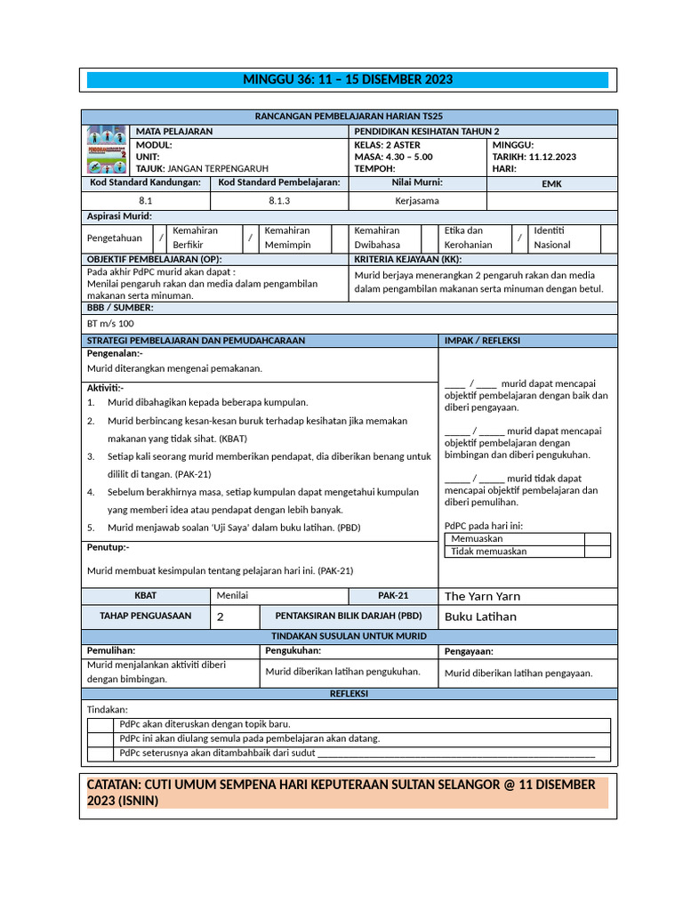 RPH Minggu 36 (11 - 15 December 2023) | PDF
