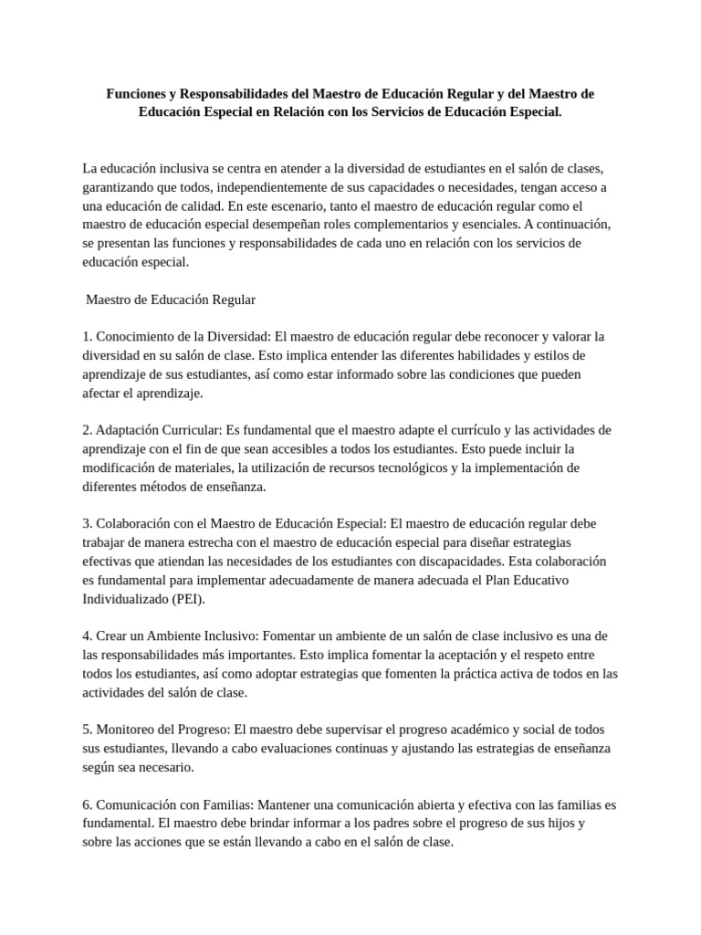 Funciones y Responsabilidades Del Maestro de Educación Regular y Del Maestro de Educación ...