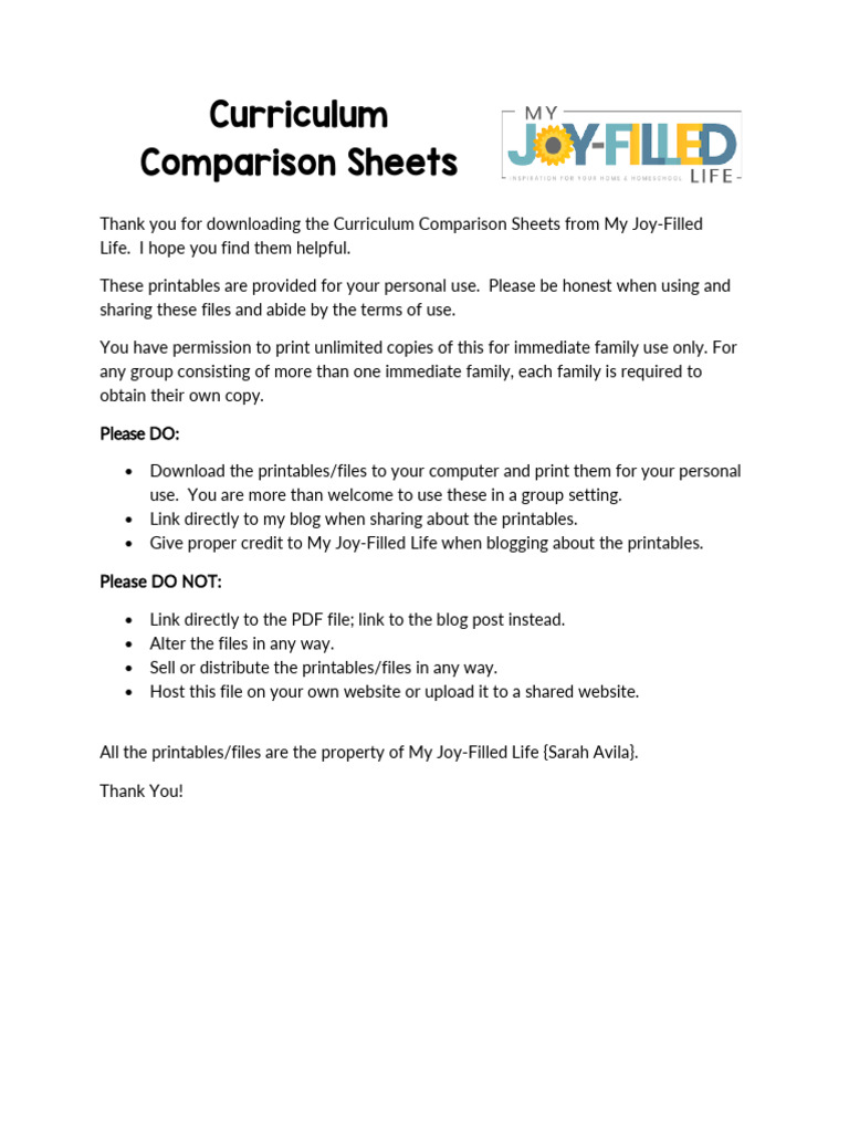 Curriculum Comparison Sheets Final | PDF