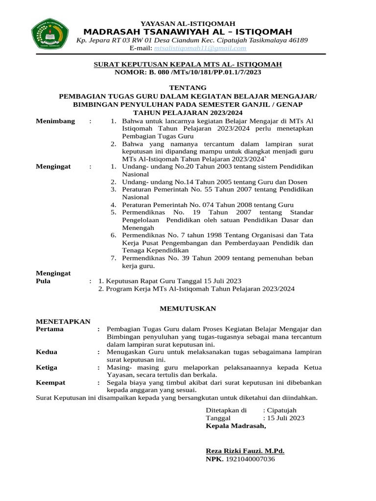 23.24 - SK Pembagian Tugas Mengajar | PDF