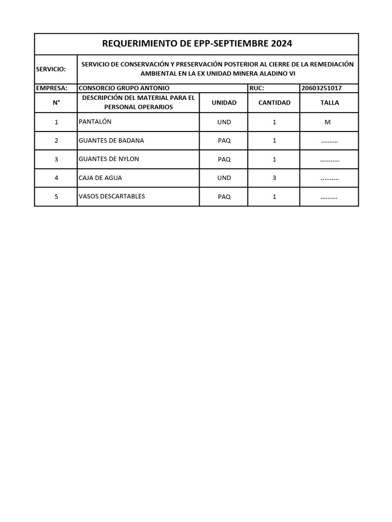 Requerimiento de Epp Aladino Vi Octubre | PDF