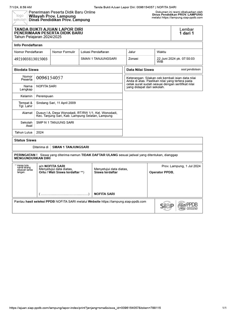 Tanda Bukti AJuan Lapor Diri - 0096154057 - NOFITA SARI | PDF