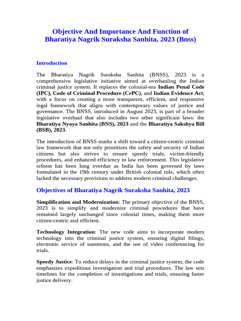 Objective and Importance of Bharatiya Nagrik Surak | PDF | Bail | Arrest