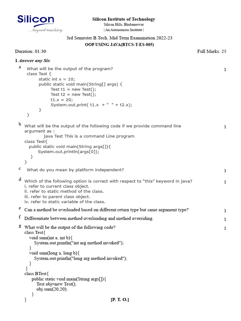 OOP USING JAVA (BTCS-T-ES-005) - Mid Term Exam - 2022-23 | PDF