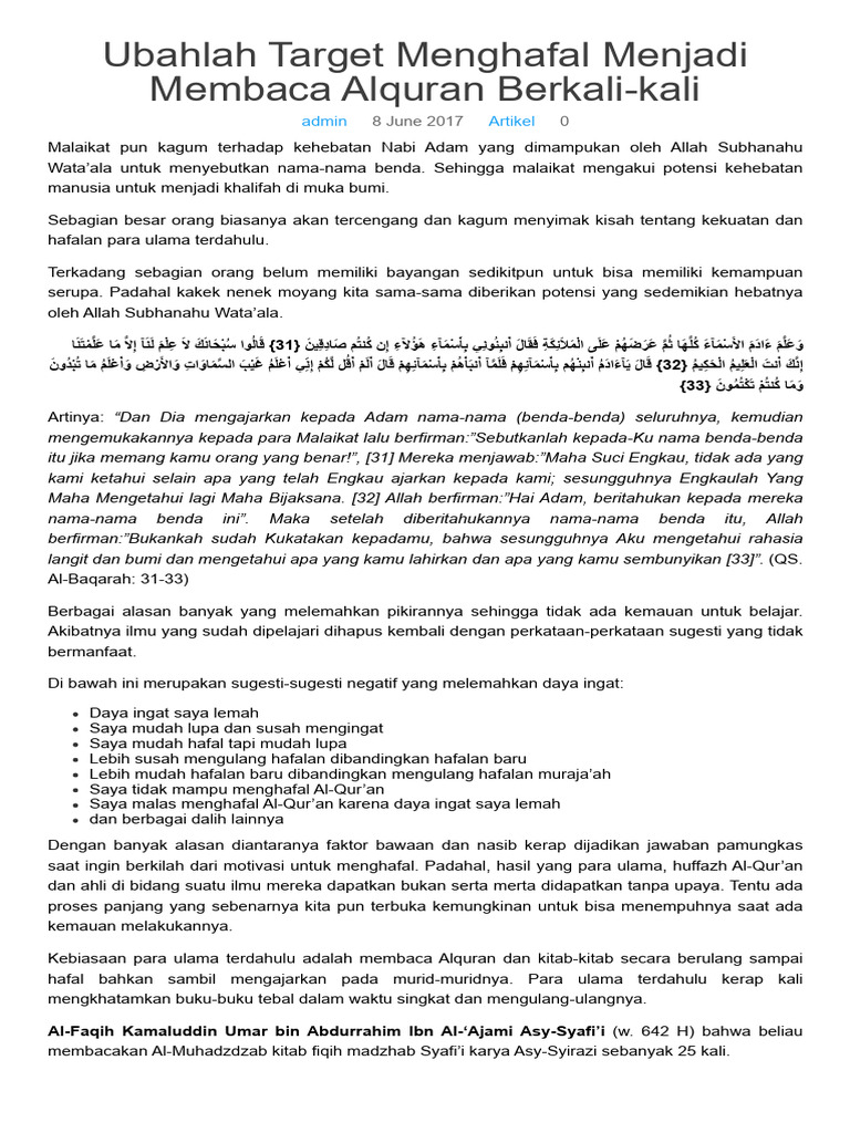 Ubahlah Target Menghafal Menjadi Membaca Alquran Berkali-Kali | PDF