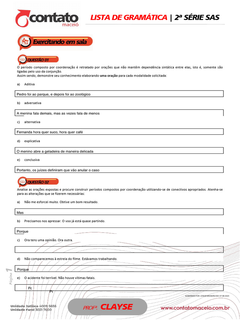 Lista de Exercício de Gramática - 2 Série Sas - 3ºbim - Clayse - 07-08-2024 2 | PDF