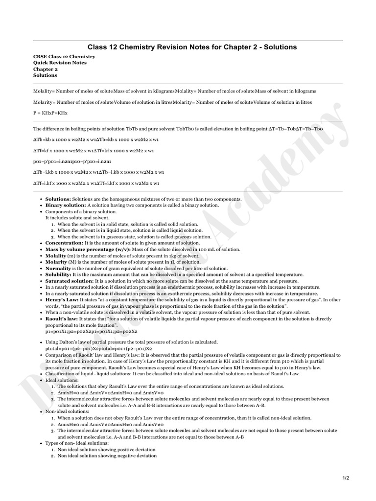 Class 12 Chemistry: Solutions Notes | PDF | Osmosis | Solubility