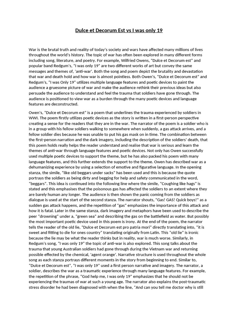 Dulce Et Decorum Est Vs I Was Only 19 | PDF