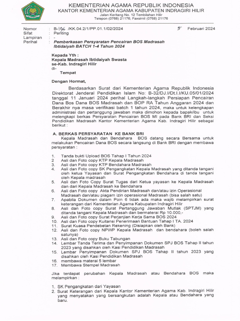 Syarat Pencairan BOS MI Untuk Kepala MI Batch 1-4 Tahun 2024 | PDF