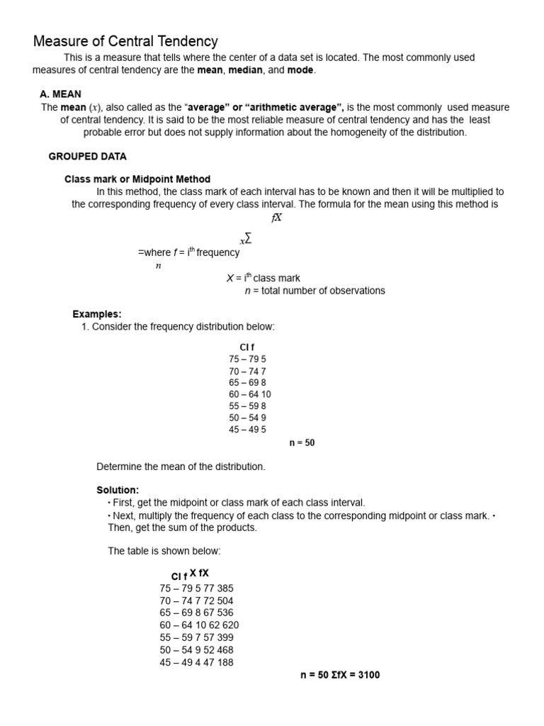 Measures of Central Tendency (Part 2 - Grouped Data) | PDF