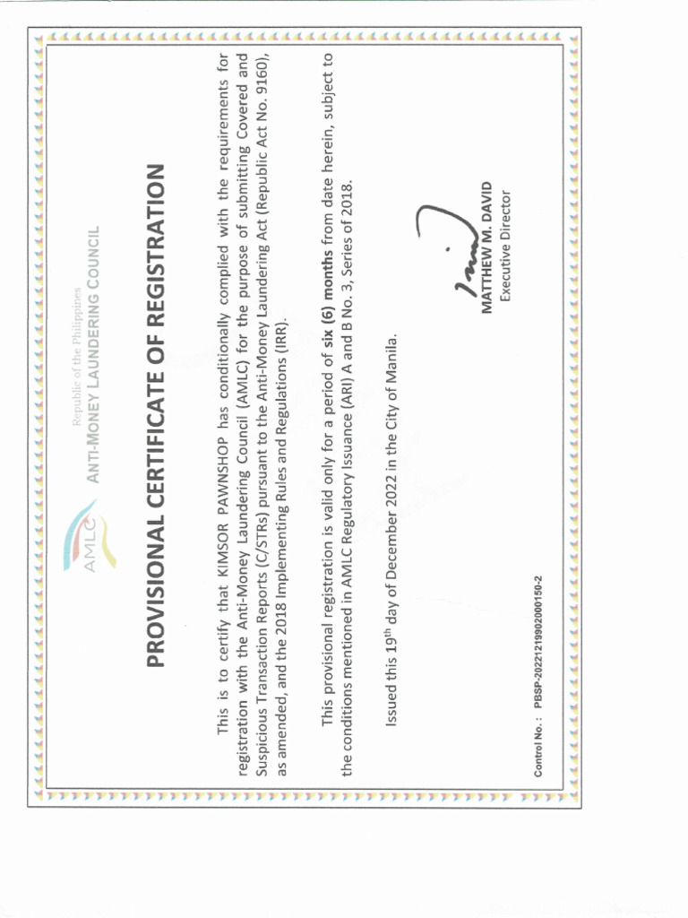 Provisional Certification of Registration | PDF