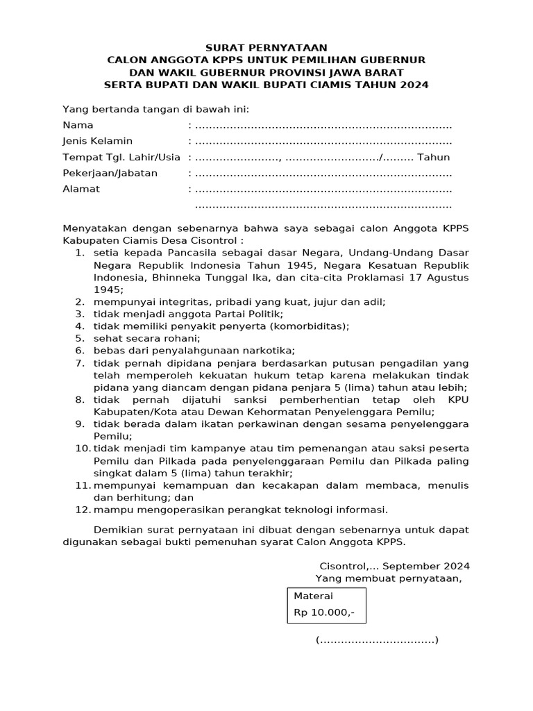 TEMPLATE - SURAT PERNYATAAN KPPS PILKADA 2024 - Use KPPS | PDF