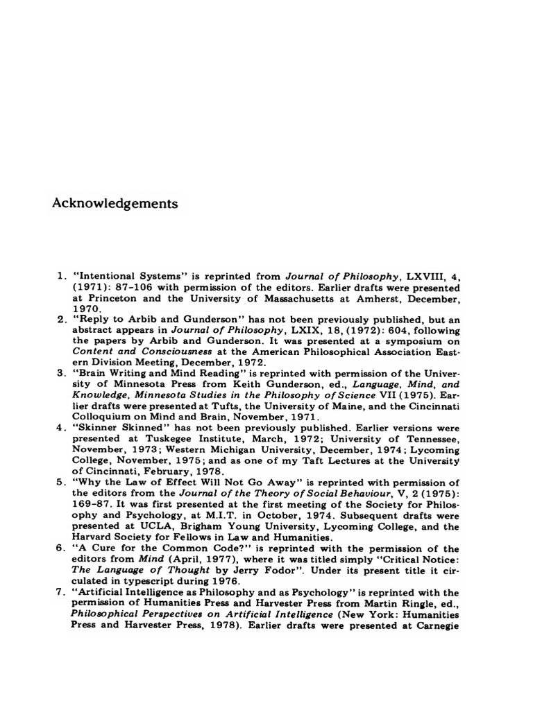 Daniel C. Dennett - Brainstorms-Acknowledgement | PDF