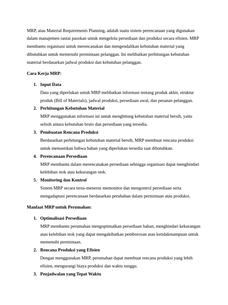 Definisi MRP, Cara Kerja, Manfaat MRP Untuk Perumahan | PDF