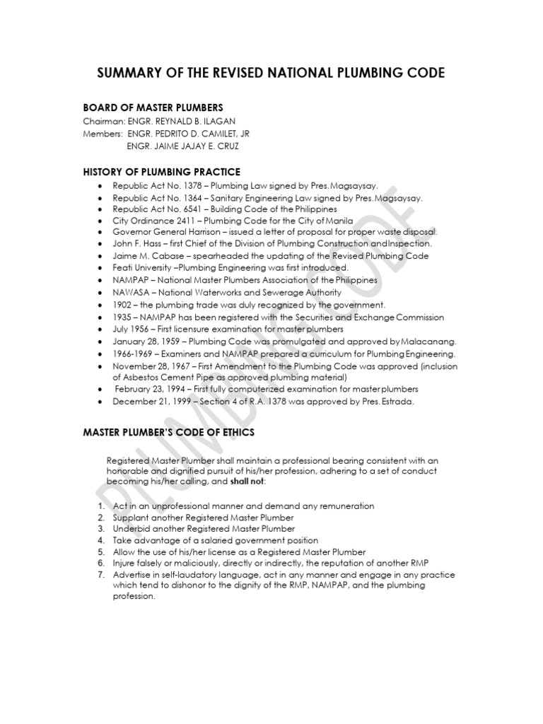 Summary of the Plumbing Code | PDF