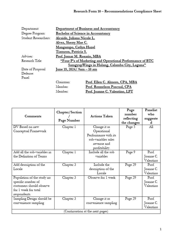 Form 10 Recommendations Compliance Sheet Proposal (1) | PDF