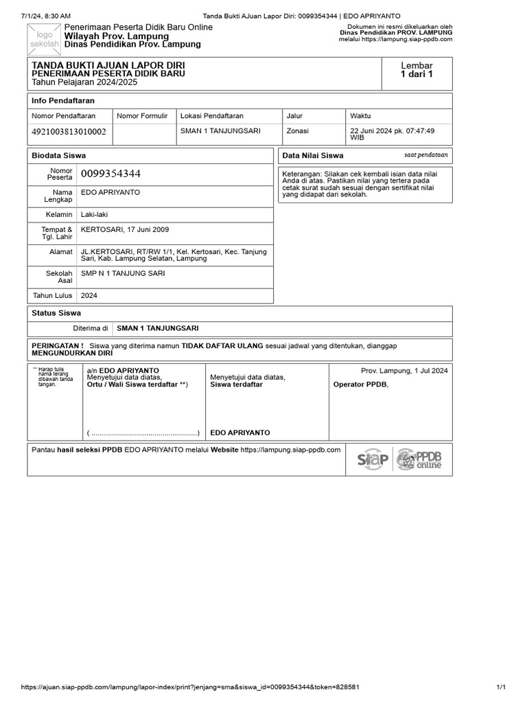 Tanda Bukti AJuan Lapor Diri - 0099354344 - EDO APRIYANTO | PDF