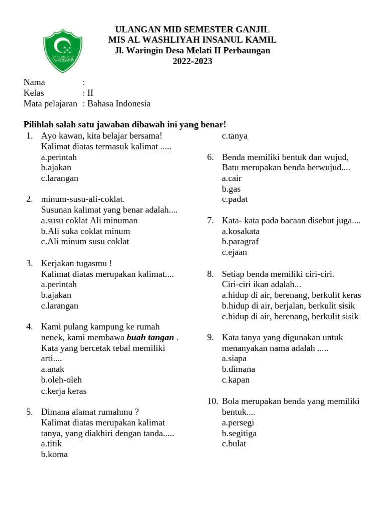 SOAL MID SEMESTER GANJIL KELAS 2 2022-2023 | PDF