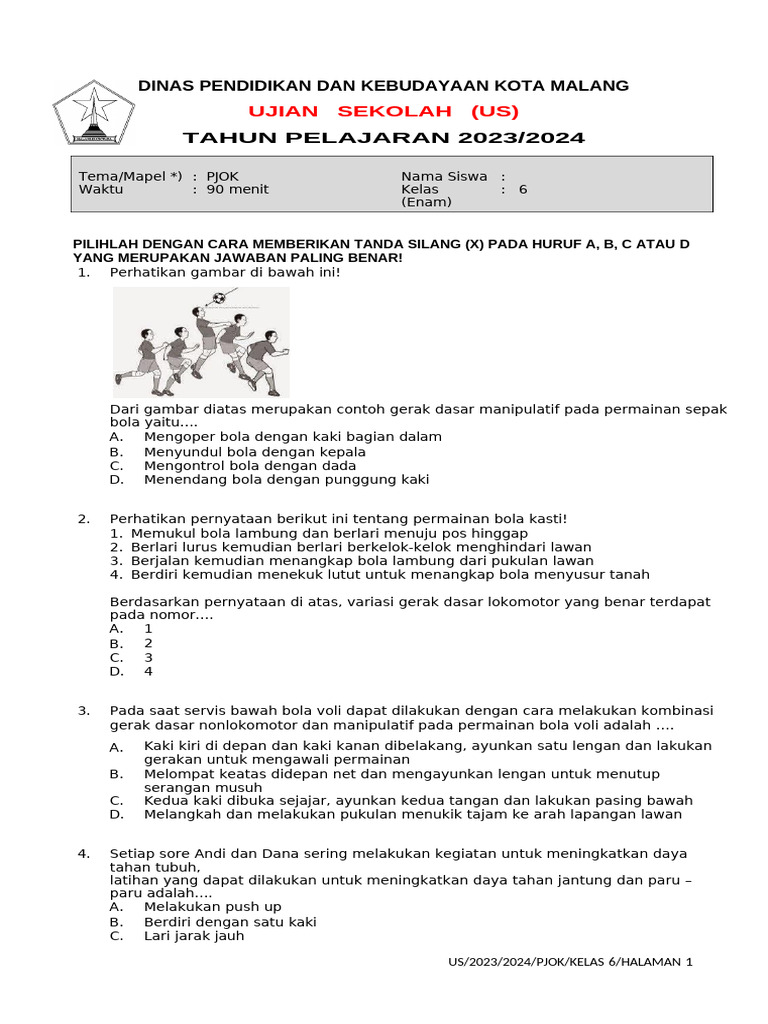 Soal Pjok Us Kelas 6 2324 | PDF