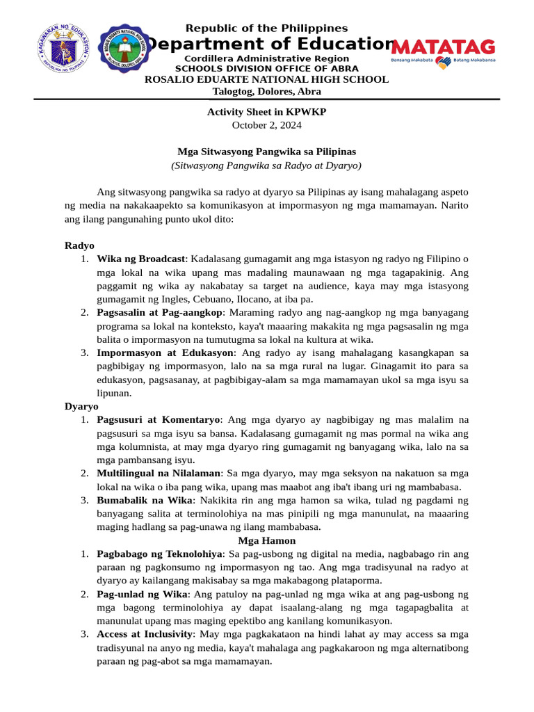 Activity Sheet in KPWKP | PDF