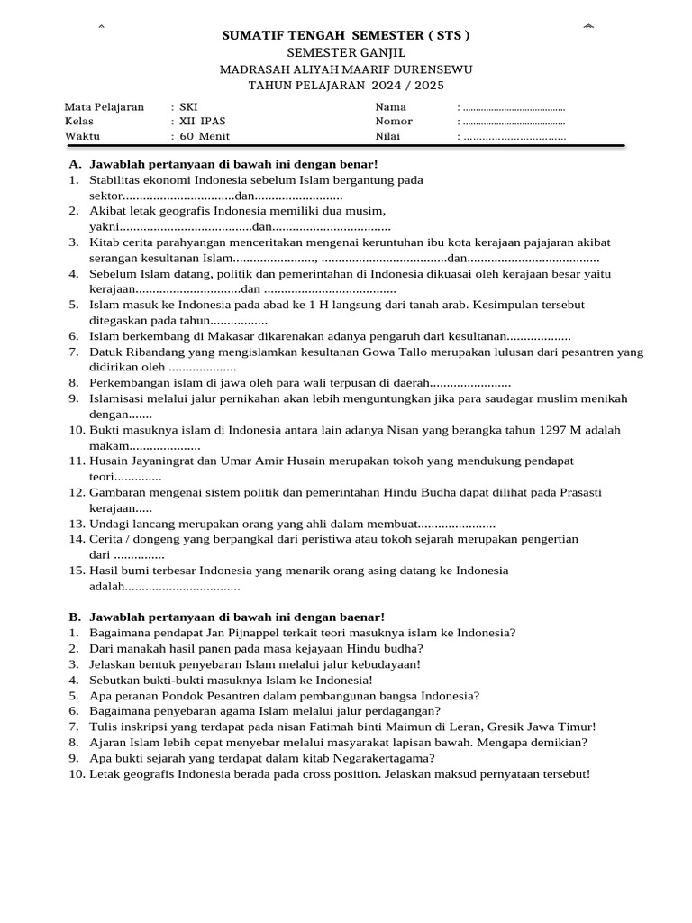 Soal STS Ganjil 2024 SKI Kelas XII | PDF