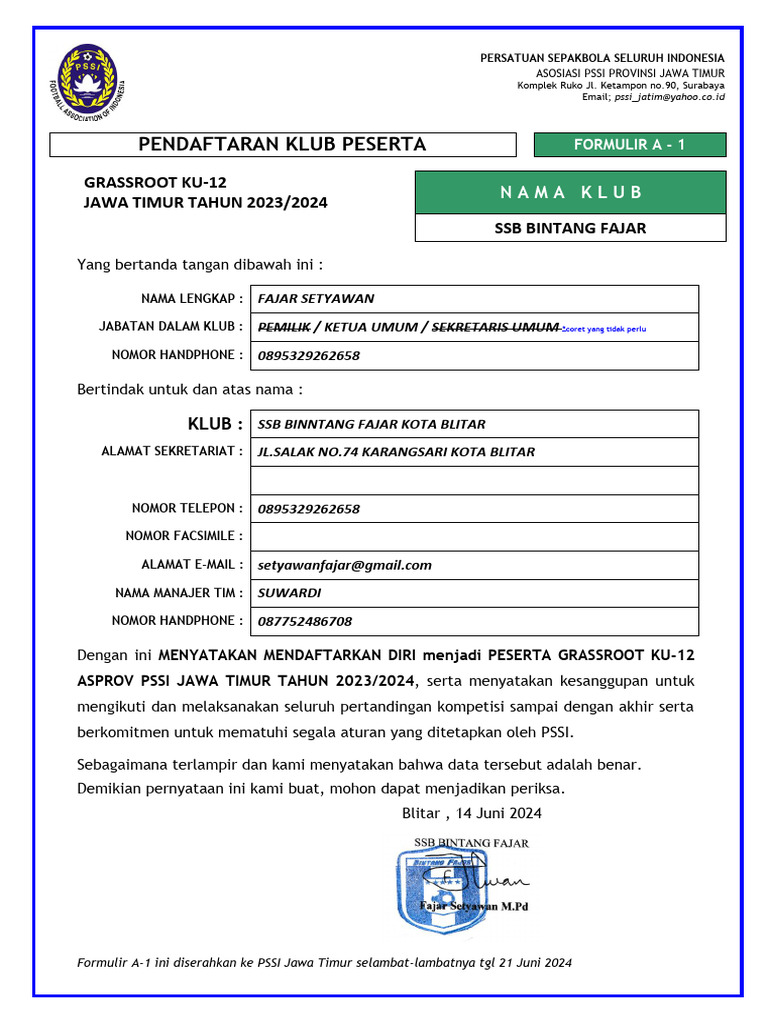 Form Pendaftaran U12 Grassroot SSB Bintang Fajar Kota Blitar | PDF