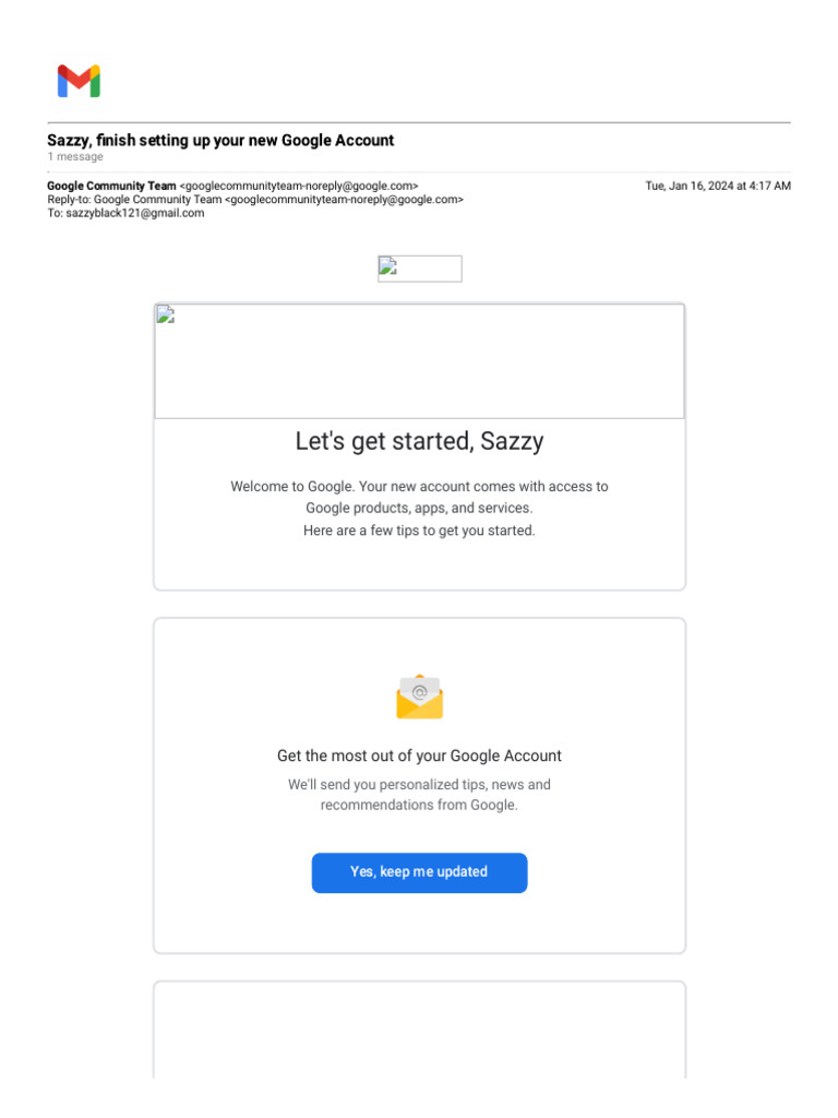 Gmail - Sazzy, Finish Setting Up Your New Google Account | PDF