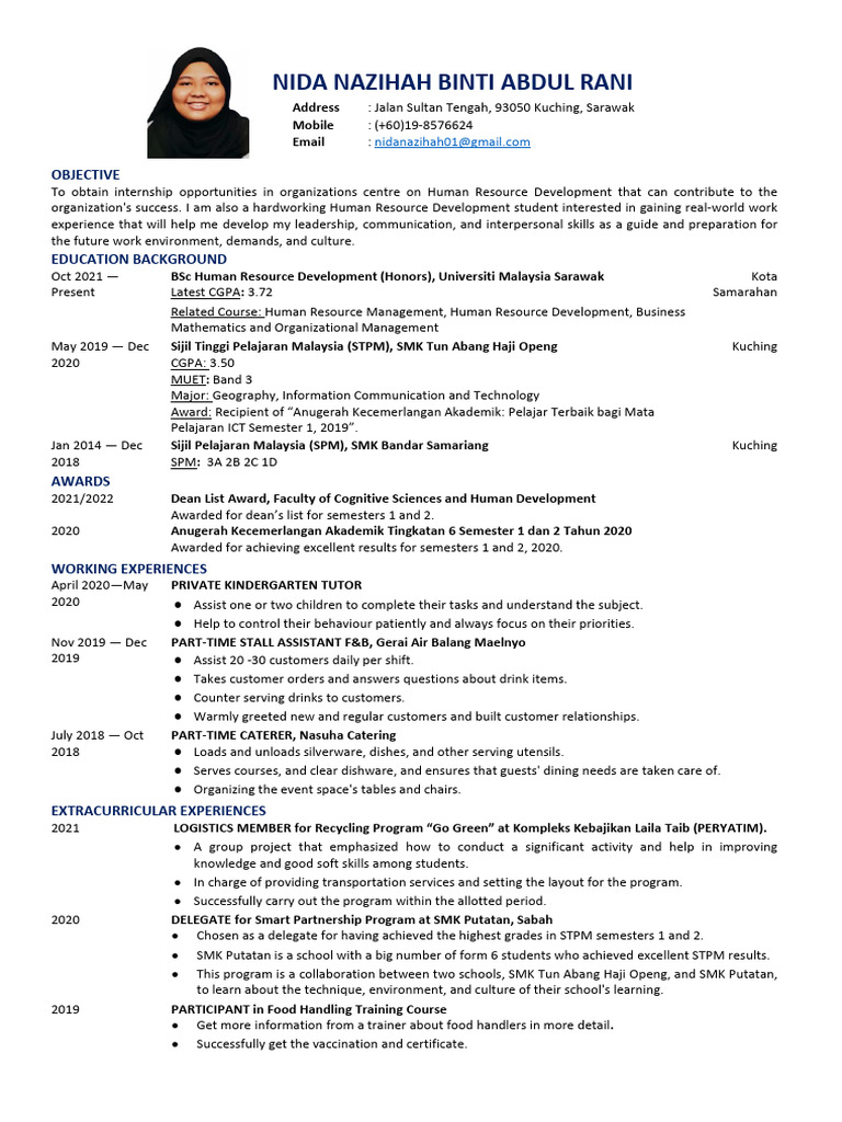 (Resume) Nida Nazihah Binti Abdul Rani | PDF