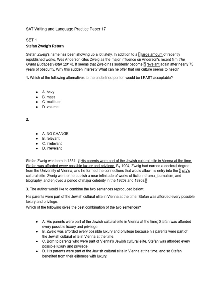 Writing and Language SAT Practice Test 17 | PDF | Stefan Zweig