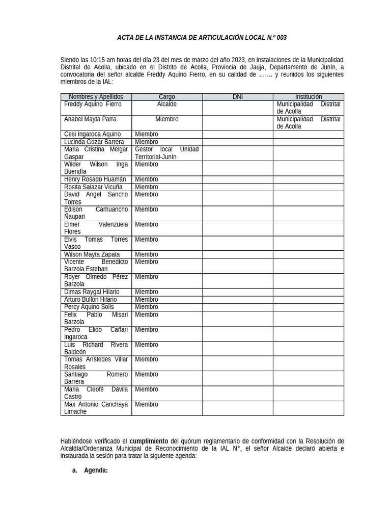 ACTA DE LA INSTANCIA DE ARTICULACIÓN LOCAL N°003 | PDF ACTA DE LA INSTANCIA DE ARTICULACIÓN LOCAL N°003 | PDF