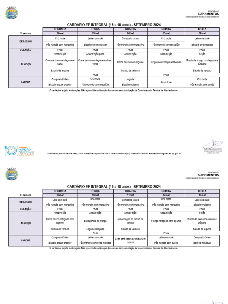 Cardapio Ee Integral Set | PDF