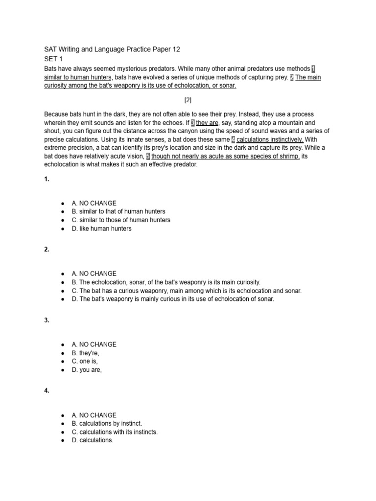 SAT Writing Practice: Bats and Parks | PDF | Bat | Foreign Language Studies